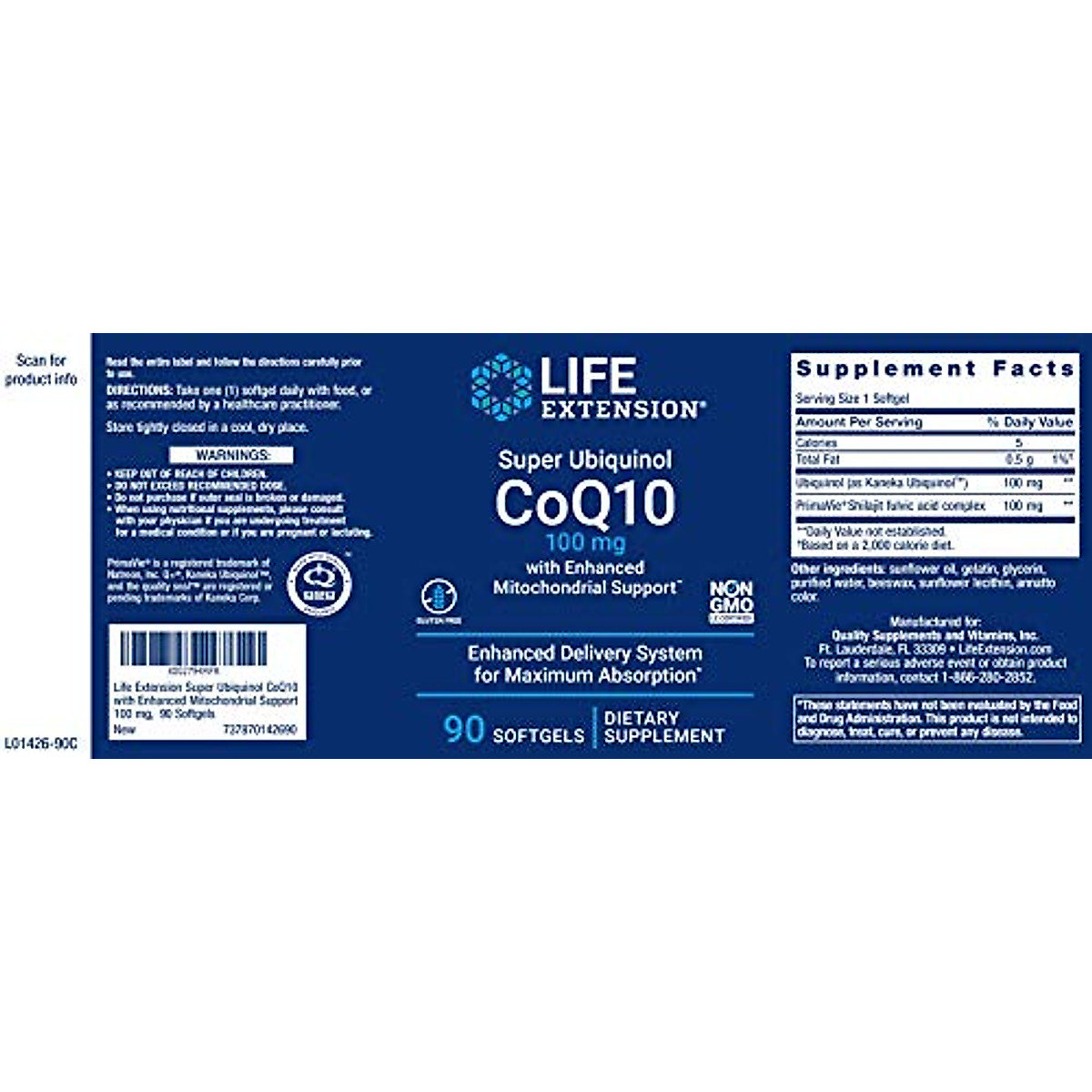 Life Extension COQ10 Super Ubiquinol 100mg 90 Count (Pack of 2) with Enhanced Mitochondrial Support