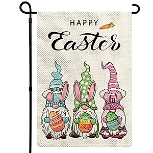 YOVOYOA Happy Easter Rabbit Bunny Gnomes Garden Flag 12.5 x 18 Inch Double Sided Welcome Pees Easter Eggs Flag, Easter Farmhouse Decor