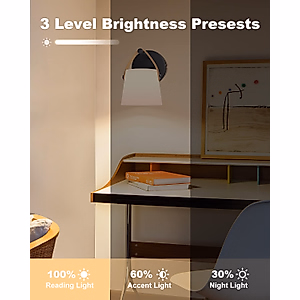 TACAHE Battery Operated Wall Sconce with Glass Shade - 3000K Warm White & 3 Brightness Setting - 4000 mAh Rechargeable Battery - Not Hardwired Needed - Wall Accent Night Light for Bedroom - Black