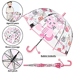 RONIARE Kids Umbrella Clear Bubble Umbrellas for Rain,Safety Dome Windproof Umbrella for Kid Girls and Boys(Cat Pink)