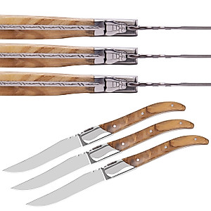 LUVCOSY Laguiole Style Steak Knife Set of 8, Non-serrated Steak Knife Set with Olive Wood Handle, Sharp Stainless Steel Steak Knives with Gift Box, Dinner Cutlery Set for Home Party