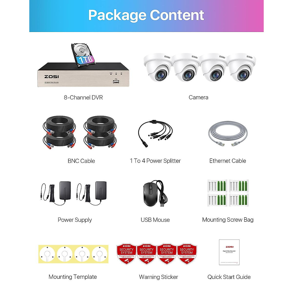 ZOSI 3K Lite Security Camera System with 1TB Hard Drive,AI Human/Vehicle Detection,Night Vision,H.265+ 8Channel HD TVI DVR Recorder,4pcs 1080P HD 1920TVL Indoor Outdoor Surveillance CCTV Dome Cameras