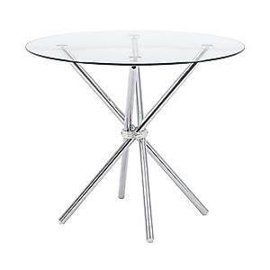Modern Round Dining Table with Clear Tempered Glass Top, 4 Chrome Legs Kitchen Table for 2 or 4 Person,Round Dining Table Furniture for Home Office Kitchen Dining Room(W 35.4 x L 35.4 x H 29.5 inch)