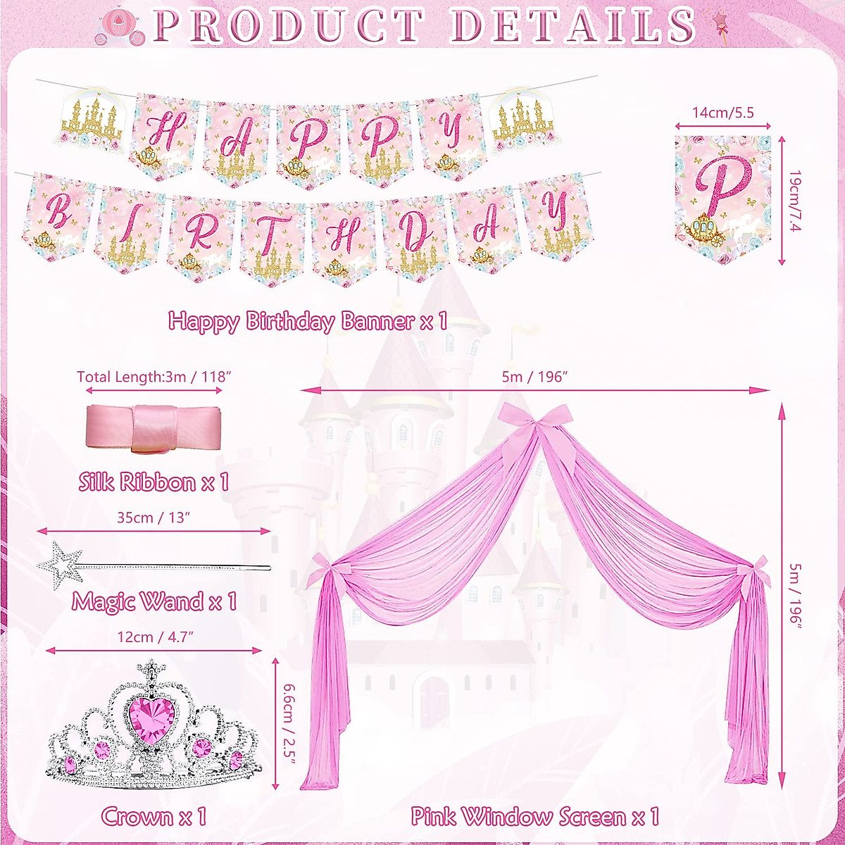 Princess Birthday Party Supplies, Includes Banner, Plates, Tulle, Napkins, Cake Toppers, Crowns, Wands, Balloons, Tablecloths, for Girls Princess's Themed Baby Shower Decorations, Serve 20 (Style A)