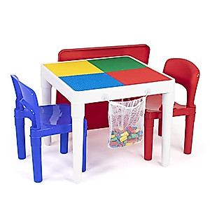 Humble Crew, White/Blue/Red Kids 2-in-1 Plastic Building Blocks-Compatible Activity Table and 2 Chairs Set, Square, Toddler
