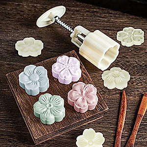 2 Set Mooncake Mould Press With 10 Stamps, FineGood Round Cherry Blossom Mooncake Mould Dessert Decoration for DIY Cookie Hand Pressure Mooncake Baking Tools (50g, 75g)