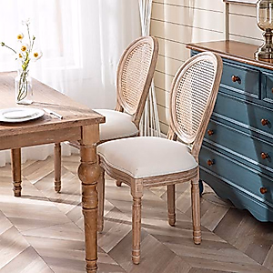 Recaceik French Country Dining Chair Set of 2, Farmhouse Dining Room Chairs with Rattan Round Back & Rubber Wood Legs Finish, Upholstered Kitchen Chairs for Dining Room/Living Room/Restaurant, Beige