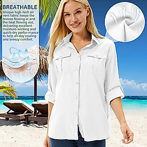 Women's UPF 50 Long Sleeve UV Sun Protection Safari Shirts Outdoor Quick Dry Fishing Travel Hiking Shirts #5070-White-XS