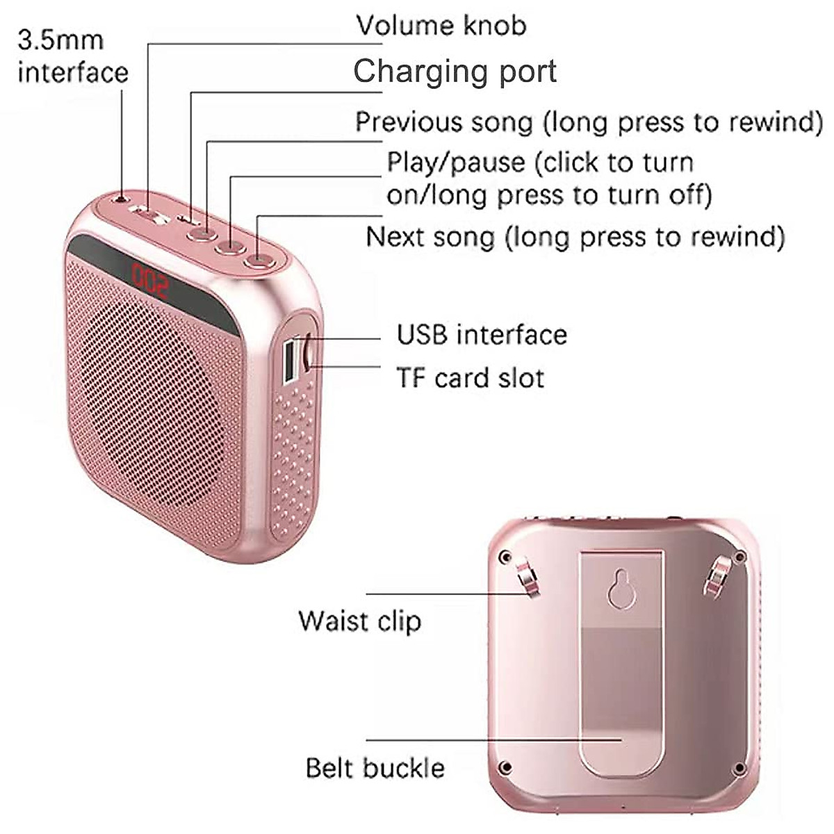 Portable Voice Amplifier for Teachers, 2200mAh Rechargeable Personal Amplifier Mic PA System Headset Microphone with Speaker for Teachers, Training, Meeting, Tour Guide, Yoga, Classroom (Rose)