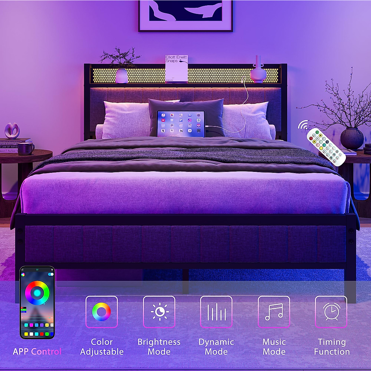 BOFENG Full Size Bed Frame with Storage Headboard/LED Lights,Heavy Duty Metal Upholstered Platform Bed Frame Full Size with Charging Station,Heavy Duty Metal Slats,No Box Spring Needed,Noise Free,Grey