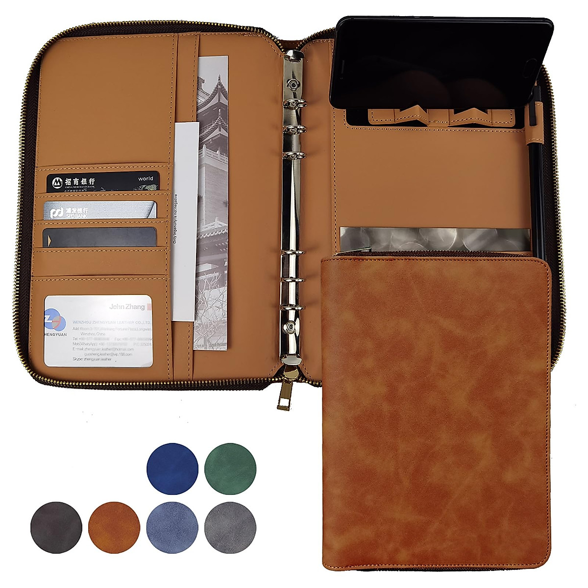 A5 Binder Case PU Leather Portfolio Budget Binder Refillable Notebook Planner Cover with Zipper 6 Rings Money Document Organizer for Business Interview (Brown)