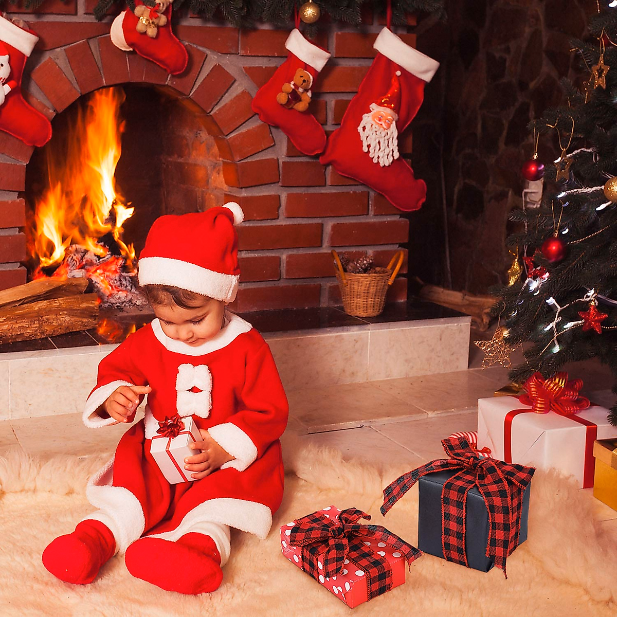 3 Rolls Buffalo Plaid Burlap Wired Ribbon Weave Ribbon with Wired Edge Bows Craft Decoration for Big Bow Wreath Tree Decoration Outdoor (Black and Red Plaid,2.4 Inches)