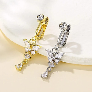 QWALIT Fake Belly Ring Fake Belly Piercing Fake Belly Button Ring Piercing Clip on Belly Button Rings Butterfly Heart Silver