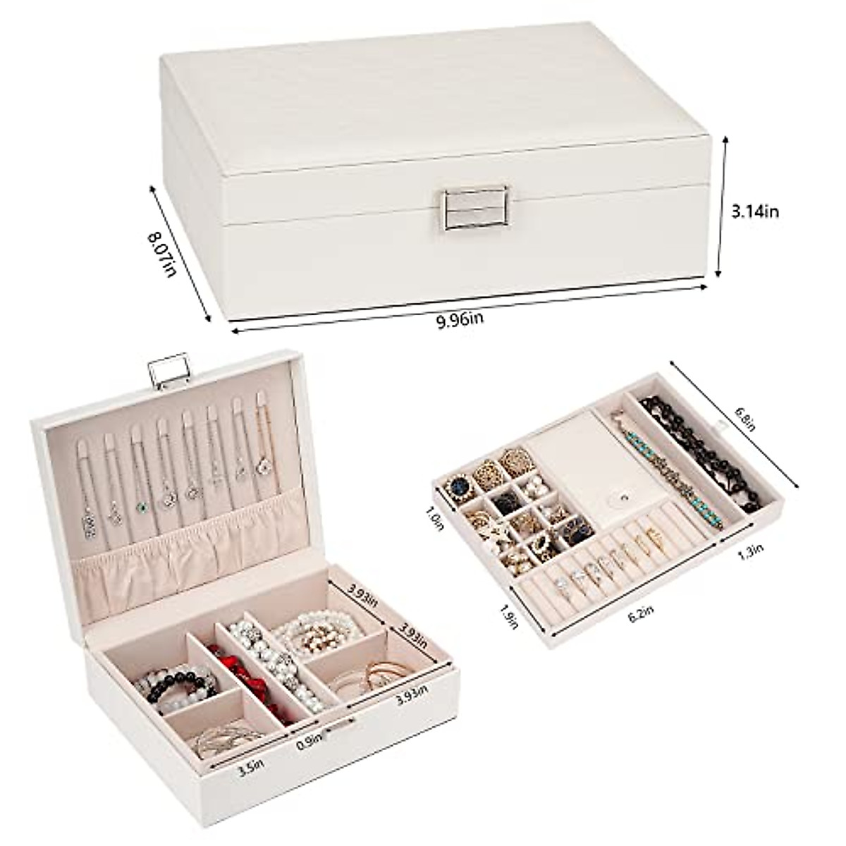 Jewelry Organizer Box for Girls Women Travel Jewelry Case Double Layer Large Jewelry Storage Box Travel Jewelry Box with Gift Box/white