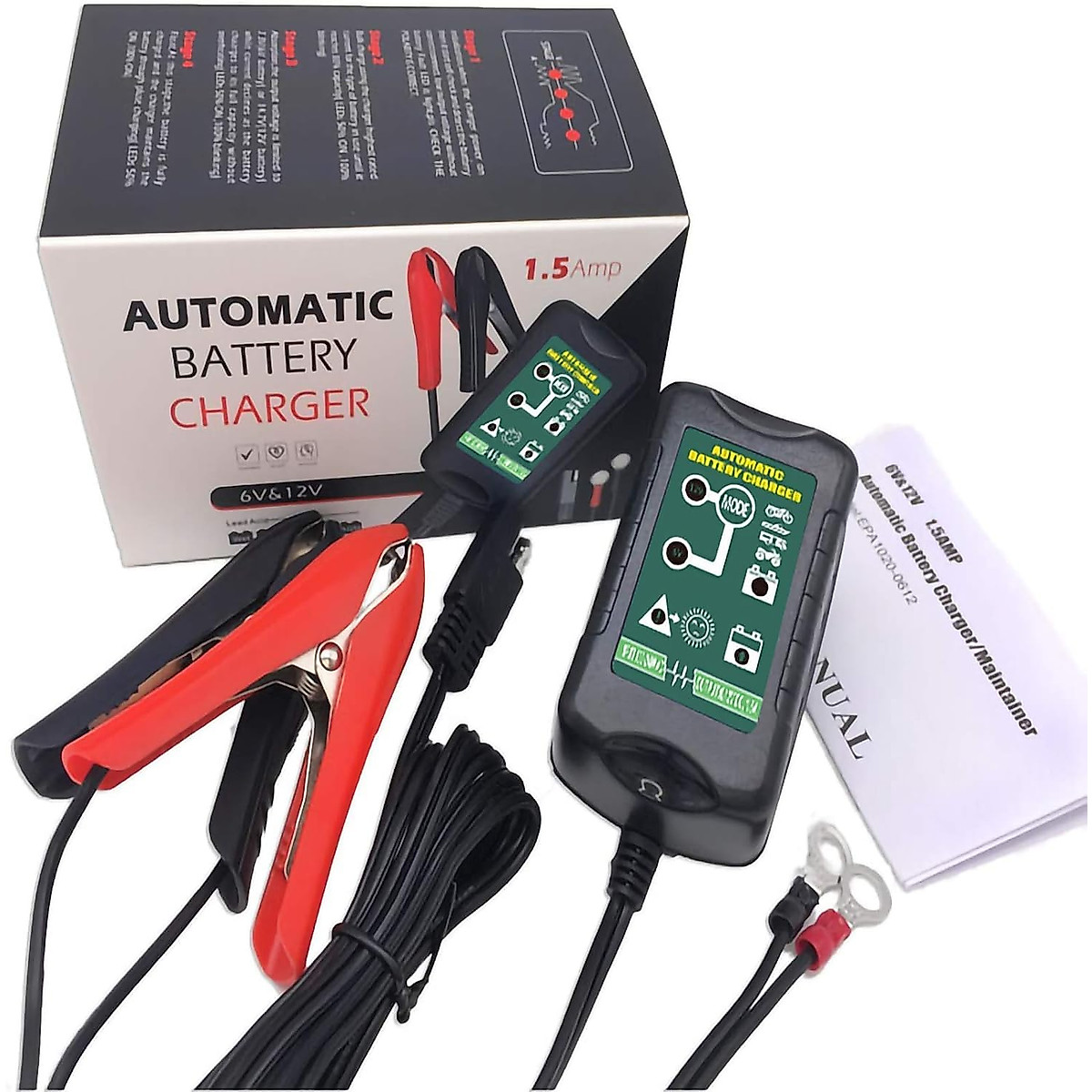 12V / 6V Battery Trickle Charger Maintainer, 1.5A Automatic Smart Float Charger Battery Charger for Motorcycle Lawn Mower Car Boat Tractor ATV, SLA VRLA Gel Cell AGM Lead Acid Batteries