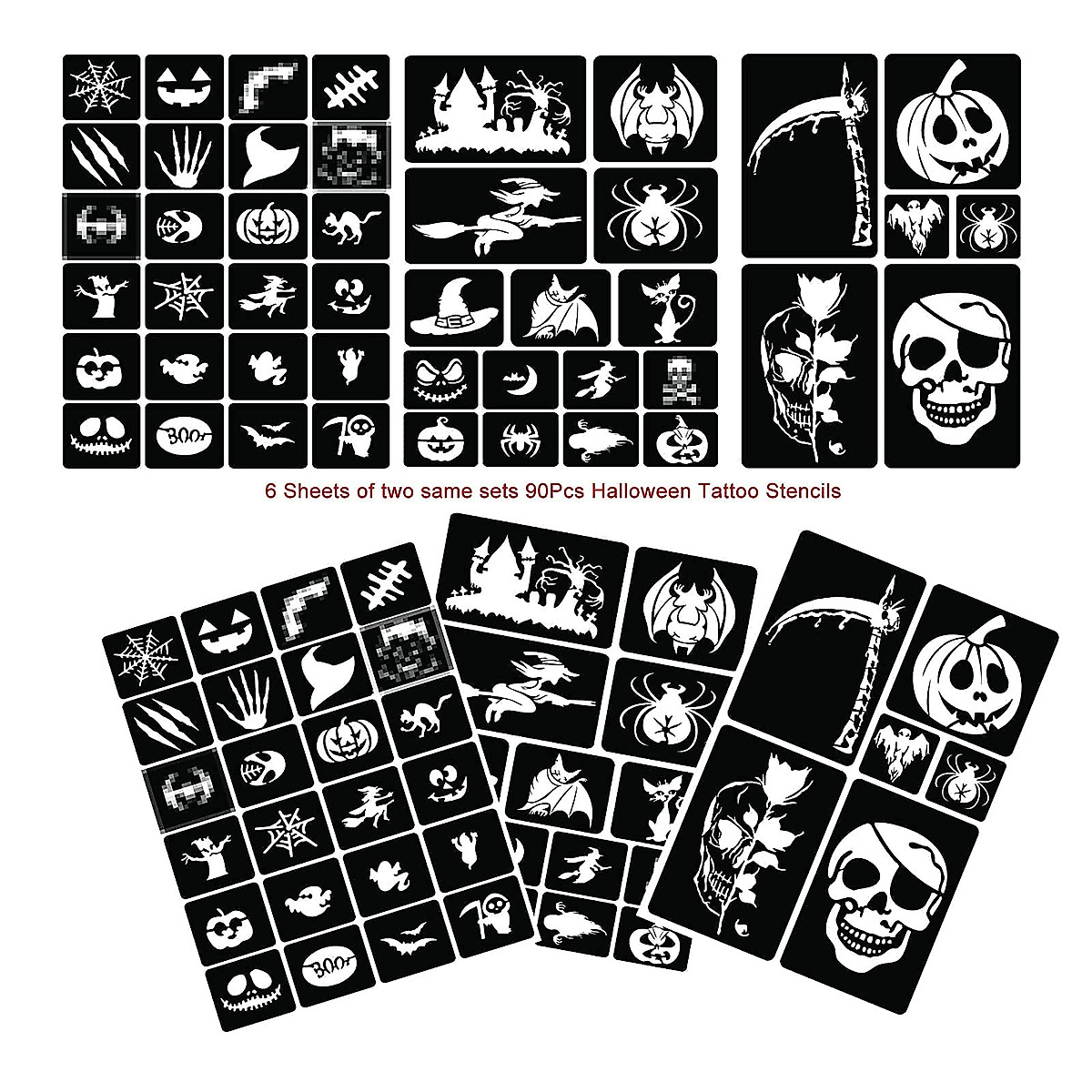 90Pcs Halloween Glitter Tattoo Stencils, Airbrush Tattoo Templates Kit Halloween Pumpkin Temporary Tattoo Stickers for Kids Drawing Template Party Props (6 Sheets)
