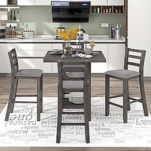 SIYAHOME Table & Chair Wooden Kitchen, Counter Height, Square 2-Tier Storage Shelving and 4 Padded Chairs, Family Fasion Furniture for Dining Room (Gray), 5-Piece Table Set, Grey