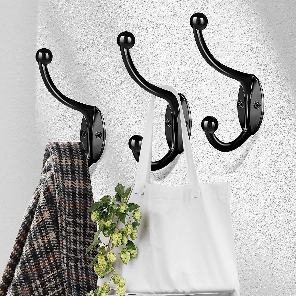 ALDMIO 6Pcs Wall Hooks for Hanging, Black Coat Hooks Wall Mounted with Screws Heavy Duty Door Hanger for Towel, Hat, Key, Coat, Bag