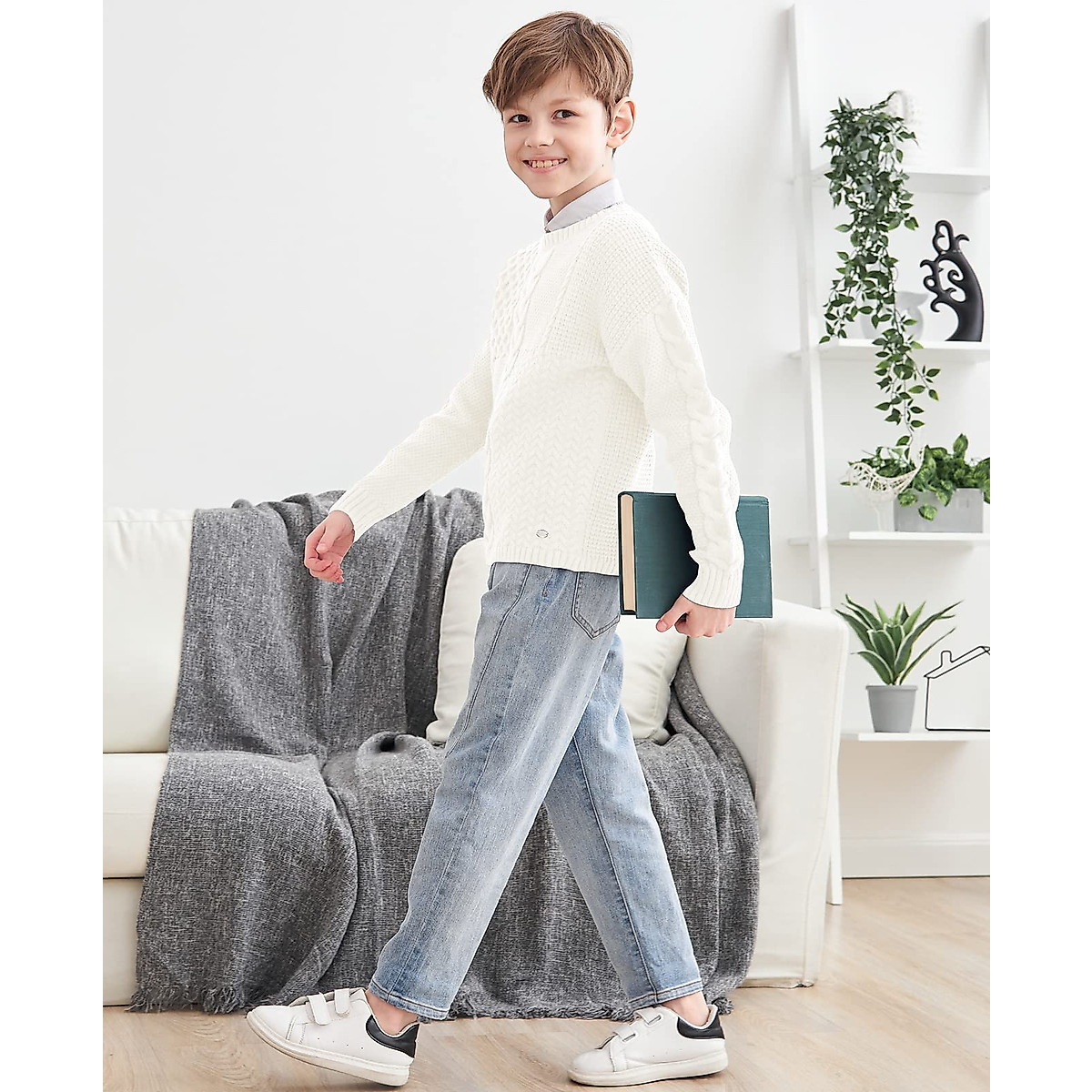 Kid Boys Girls Crewneck Pullover Sweater Long Sleeve Solid Color Chunky Jumper Knit Pullover Outwear,White,7-8 Years