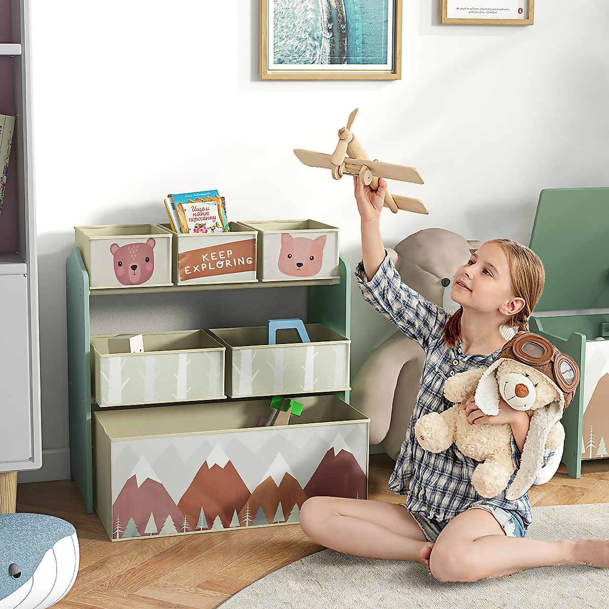 Qaba Toy Organizer with 6 Storage Bins, Kids Storage Unit for Bedroom, Kids Room, 25" x 12" x 26", Green