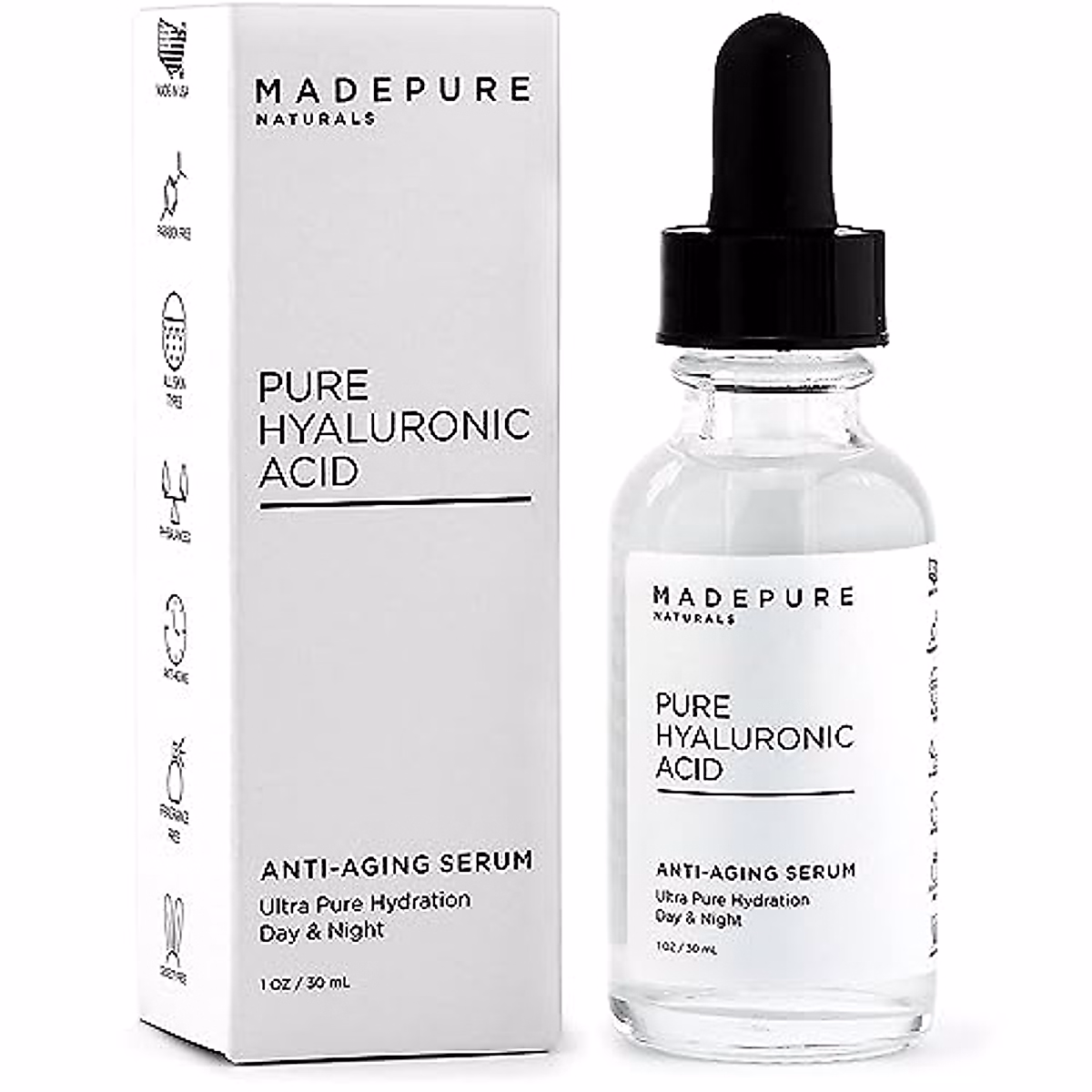 Madepure Pure Hyaluronic Acid Serum for Face | Anti-Aging Plumping Face Serum | Pairs Well with Vitamin C & Retinol Serum | Fragrance Free (1oz Dropper)