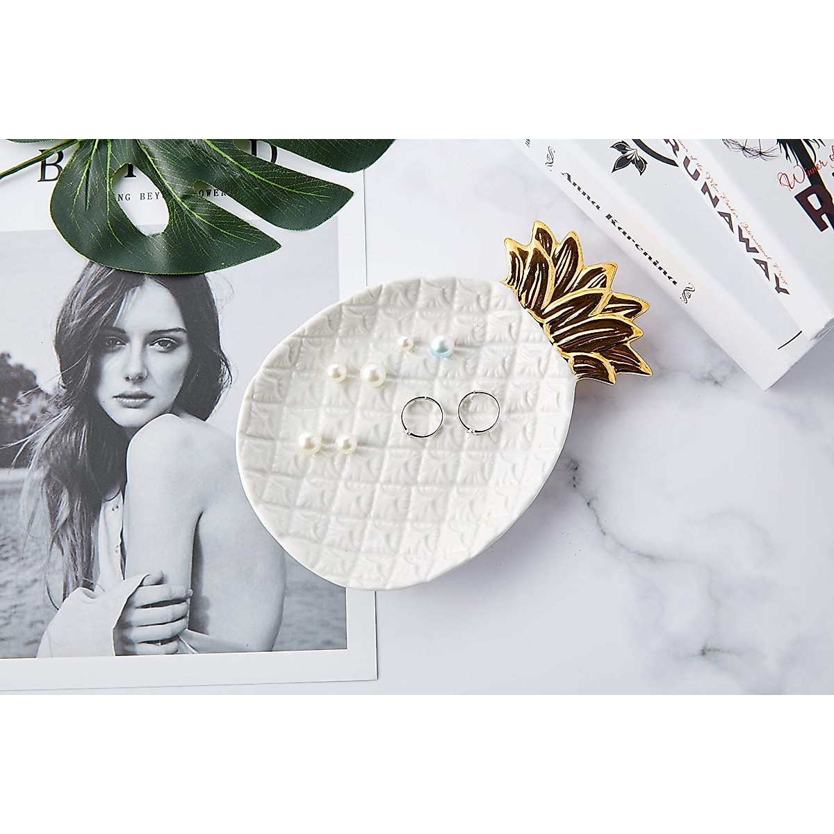 Lependor Ceramic Plate Jewelry Tray Jewelry Holder Jewelry Display - Ring Dish - Organizer for Keys - Phone - Jewelry - Watch - Wallet -Trinket - Best Wedding/Birthday - Big Size White Pineapple