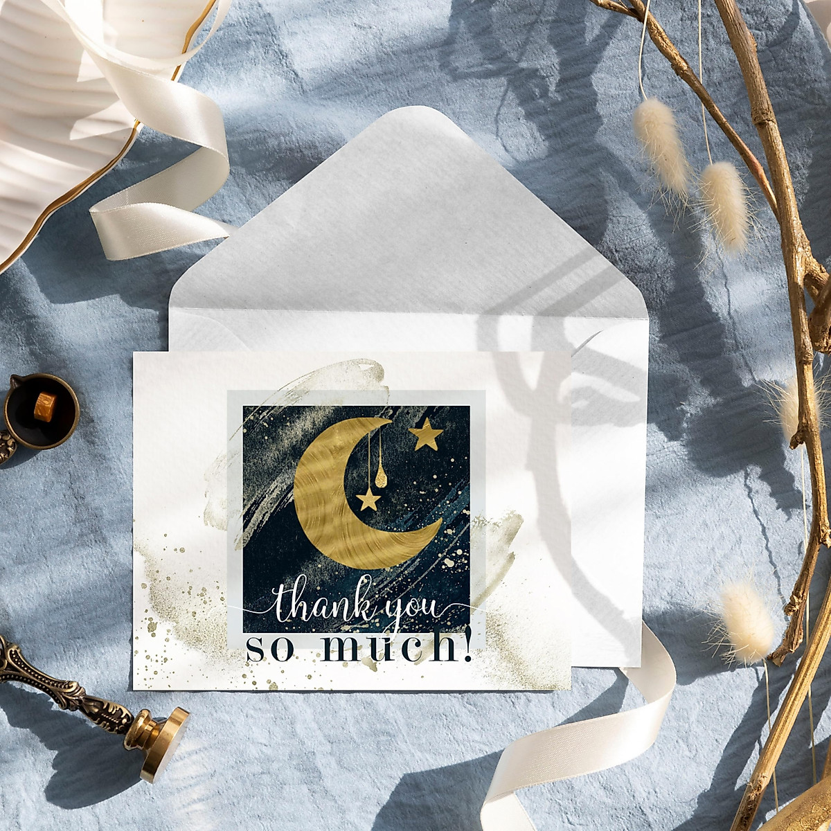 Paper Clever Party Star and Moon Thank You Cards with Envelopes - 25 Pack - Cosmic Design for All Occasions: Showers, Weddings, Graduations & Everyday Essentials - Folded Navy and Gold Set