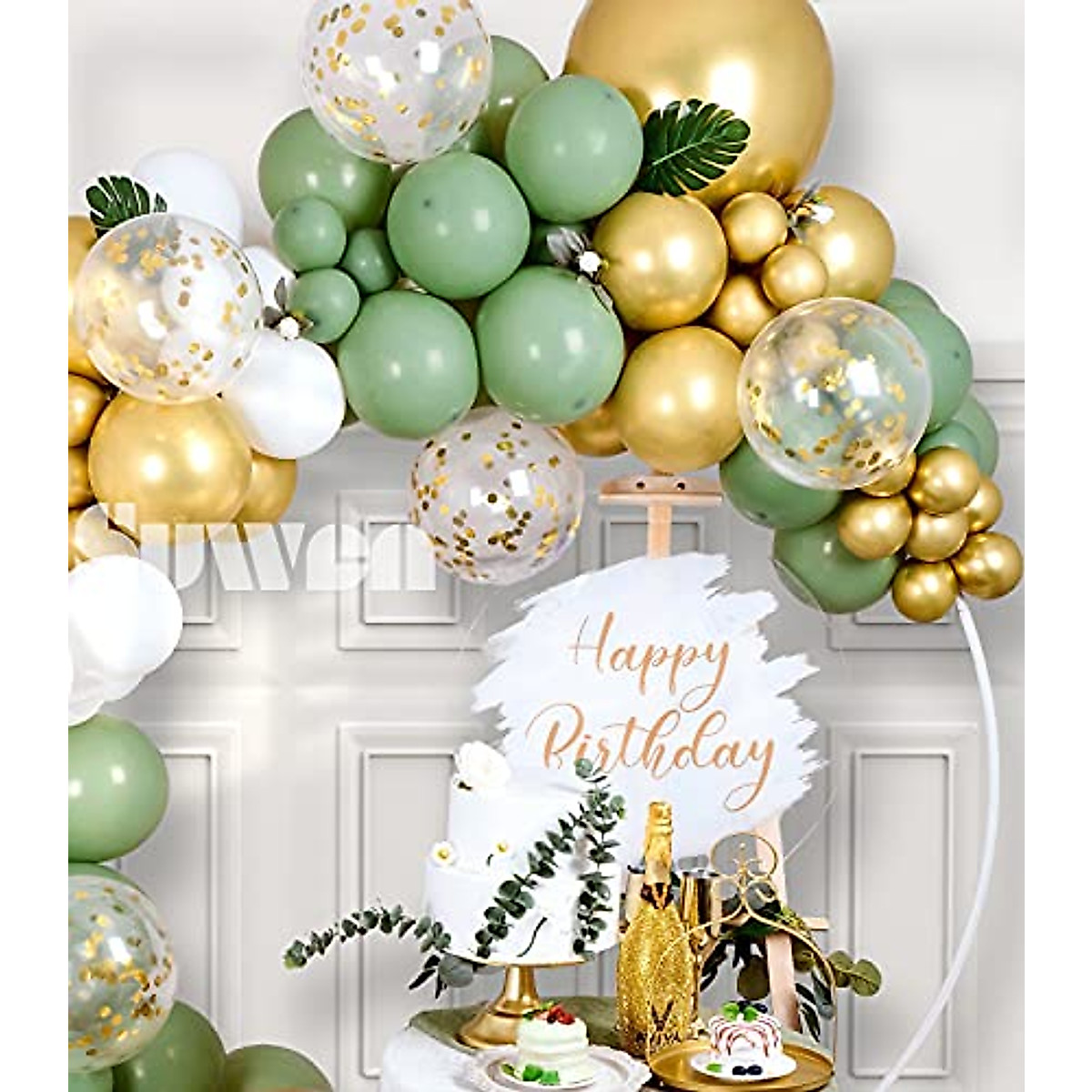 SUWEN 157PCS DIY Olive Green Balloon Arch Garland Kit Lime Green Gold Metallic White Latex Balloon Decorations for Birthday Baby Shower Party Decor