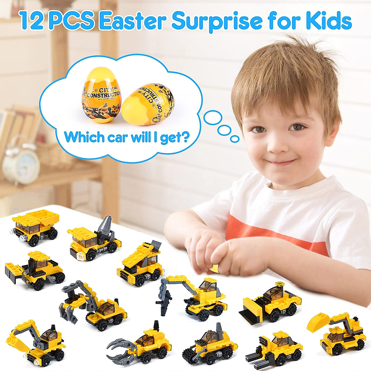 EZIGO Easter Eggs Fillers with Construction Vehicles Building Blocks, 12 Pack Bulk Toy, Basket Stuffers Easter Party Favors Supplies Classroom Prize Easter Hunts Gift for Kids