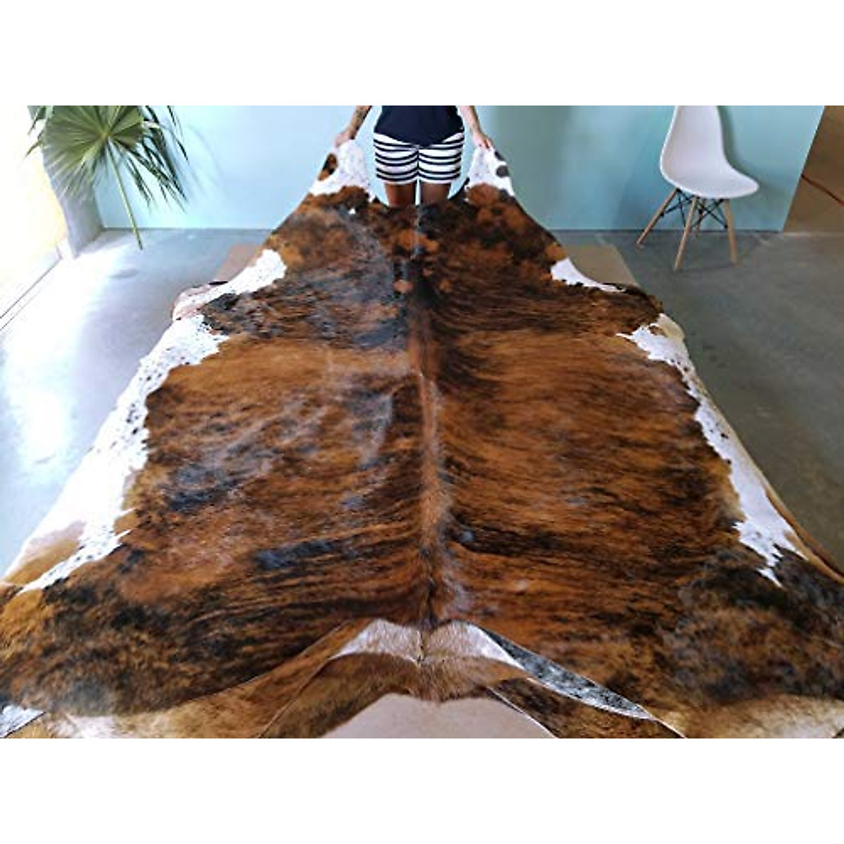 ecowhides | Genuine Cowhide Rug, Brindle White Belly Brazilian Cowskin, Area Rug, Western Home Decor, Premium Quality, Living Room Accessories, (X-Large) 7 x 6 ft