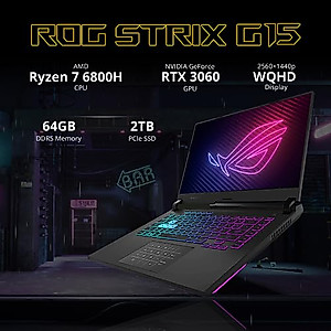 ASUS ROG Strix G15 15.6” 165Hz WQHD Gaming Laptop, AMD Ryzen7 6800H, 64GB DDR5 RAM, 2TB SSD, NVIDIA GeForce RTX 3060, RGB KB, Thermal Grizzly Cooling, VR-Ready, Gray, Win 11 Pro, 32GB USB Card