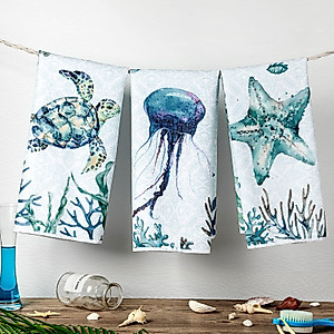 4 Pcs Beach Kitchen Towels Turtle Dish Towel Set Ocean Kitchen Towels Ocean Animal Themed Hand Towels Beachcomber Soft Dish Towels for Kitchen Decorative Absorbent Ocean Tea Towels for Bathroom
