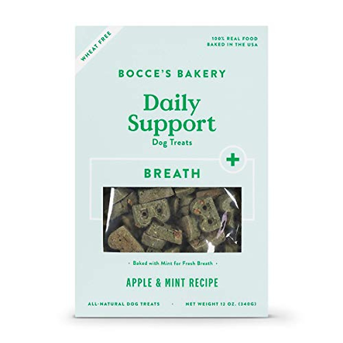 Bocce's Bakery Breath Daily Support Treats for Dogs, Wheat-Free Dog Treats, Made with Real Ingredients, Baked in The USA, Supports Oral Health, All-Natural Apple & Mint Biscuits, 12 oz