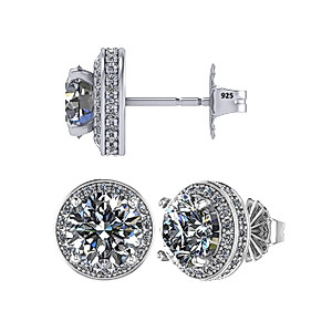 Central Diamond Center Round Halo Stud Earrings Sterling Silver w/Pure Brilliance Zirconia - 6.50mm Center, 2.50cttw - Platinum
