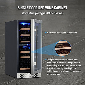 Wine Cooler Refrigerator - 28 Bottle Capacity, Double-Layer Glass Door, Temperature Stable System, Digital Temperature Control, Single Area Dual Temperature, Built-in or Freestanding，with Lock
