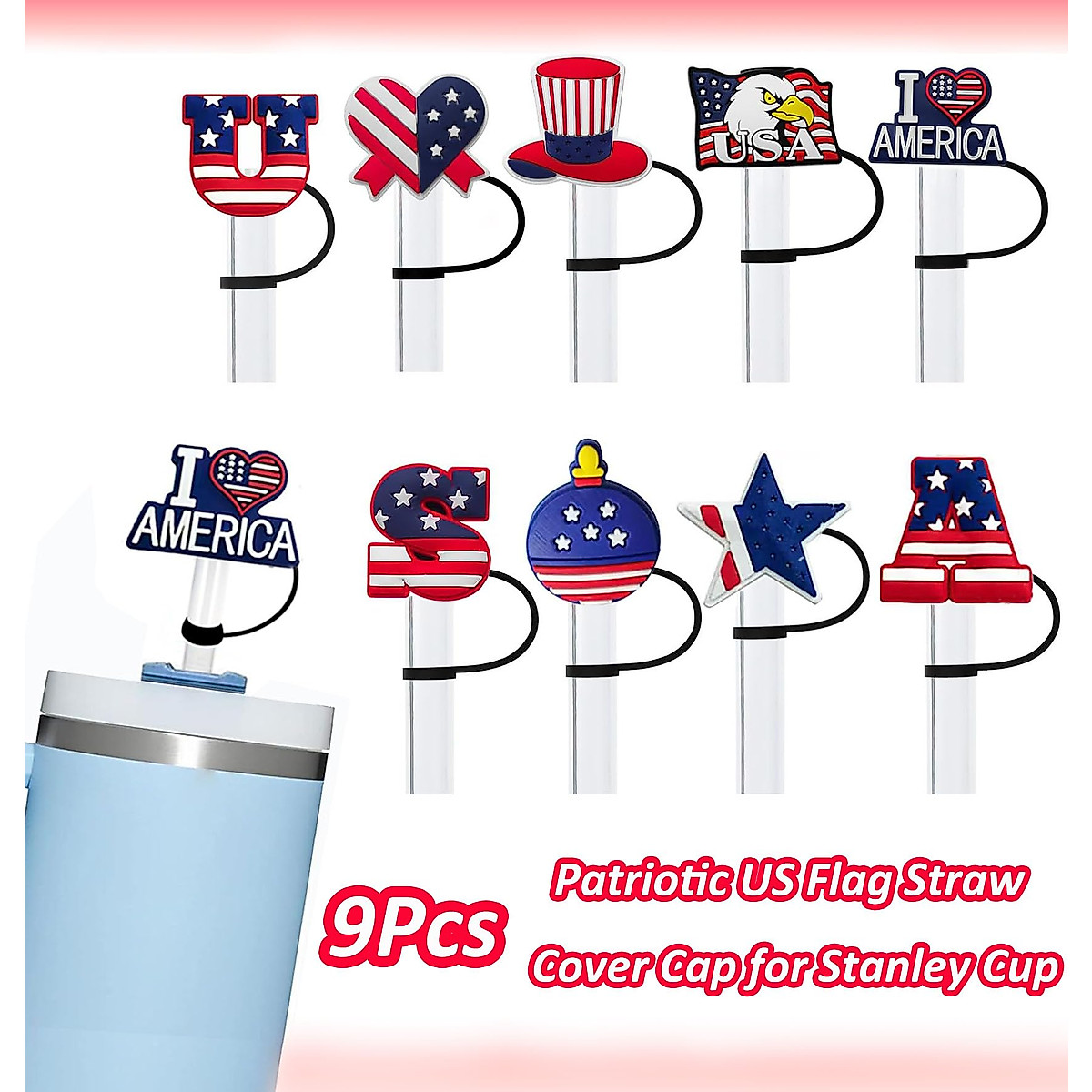 9Pcs Flag Day Straw Caps Cover Cap Topper Dust-Proof for Stanley Cup 10mm/ 0.4in, for Drinking Straw Cap Stanley Cup Accessories, Cute Silicone Tips Lids Dust-Proof for Water Bottle