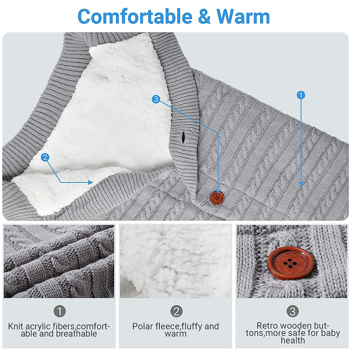 Vicenpal Newborn Baby Wrap Swaddle Blanket Knit Sleeping Bag Receiving Blanket Stroller Wrap for Baby Knitted Hat Gloves Set Beanie Hat and Mittens Unisex Design,Gray