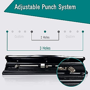 3 Hole Punch, Adjustable, 3 Hole Puncher for Binder, 10 Sheet Capacity Hole Puncher Black Metal Hole Puncher 3 Ring, Rubber Base Three Hole Punch and Easy Clean Tray