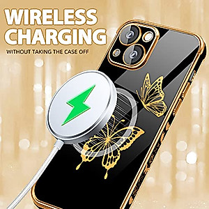 Petitian for iPhone 14 Plus Case, Cute Women Girls Gold Butterflies Designed for iPhone 14 Plus Phone Cases, Girly Gold Plating Phone Cover for 14 Plus with Camera Protection Black