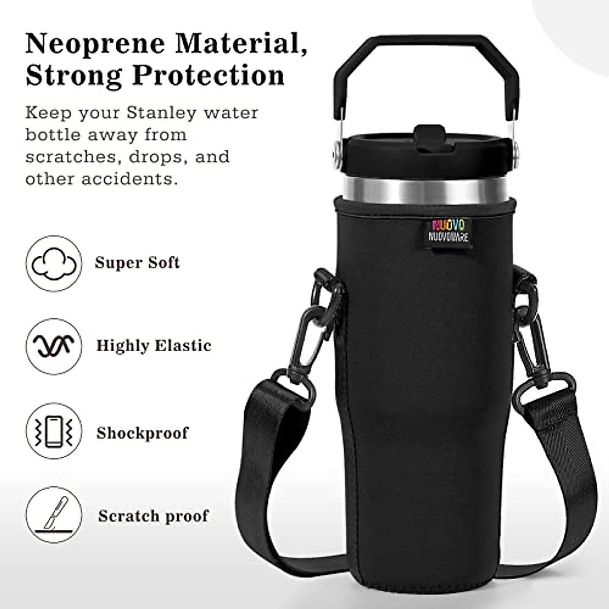 Nuovoware Water Bottle Carrier Bag Fits Stanley Flip Straw Tumbler, 30OZ Bottle Pouch Holder with Adjustable Shoulder Strap, Neoprene Water Bottle Holder for Hiking Travelling Camping, Black