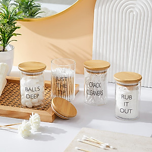 INIUNIK Glass Qtip Holder Dispenser, 2 Pack Glass Apothecary Jars with Lids, Sealed Q Tip Holder Cotton Ball Round Pad Swab Holder Funny Bathroom Canisters Jars for Vanity Restroom Décor and Storage