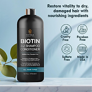 INFINA ESSENTIALS Biotin 2-in-1 Shampoo and Conditioner for Men & Women – Hair Thickening & Strengthening Shampoo with Saw Palmetto, Keratin, Caffeine & Vitamin E – Convenient Daily Use – 16 fl oz