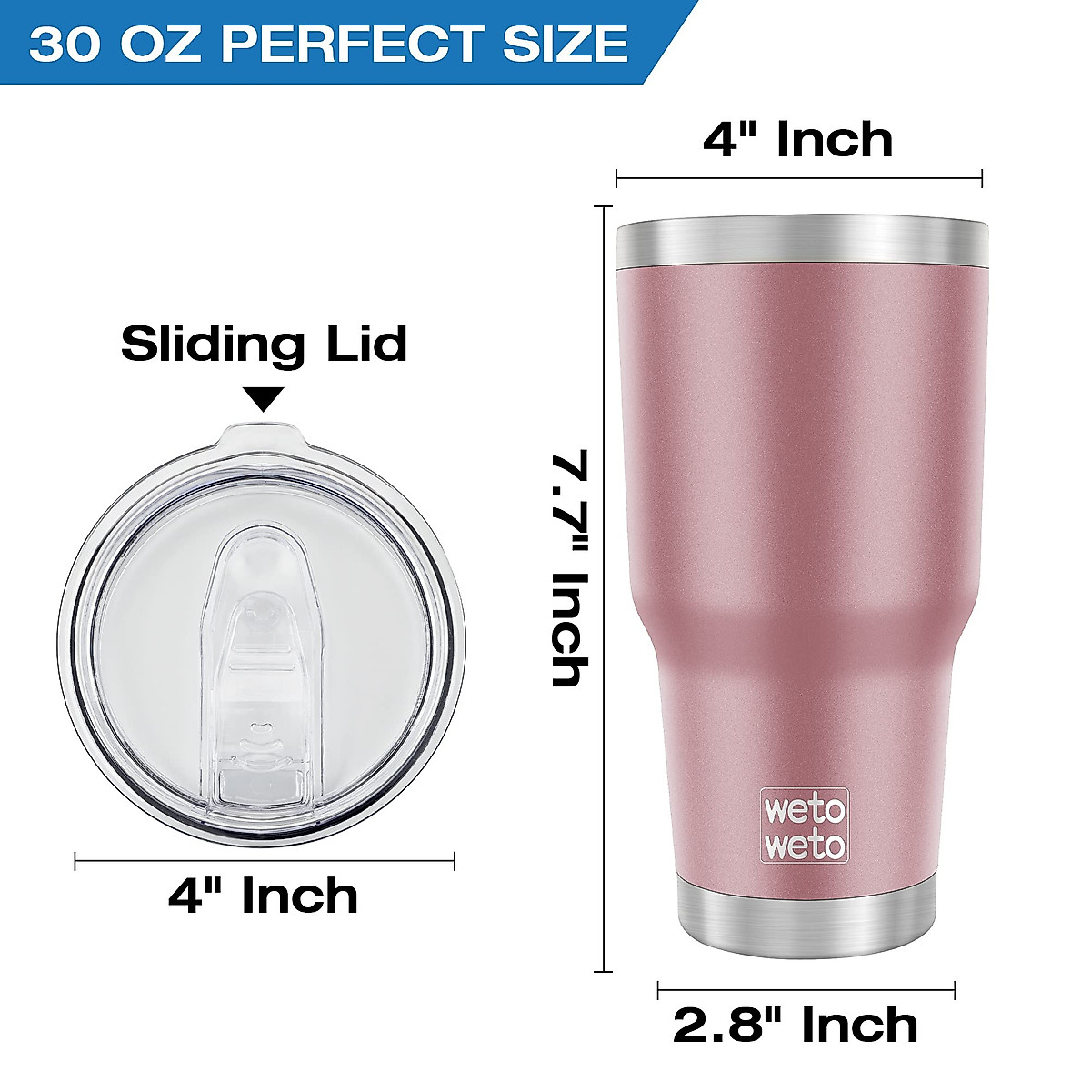 WETOWETO 30oz Tumbler, Stainless Steel Vacuum Insulated Water Coffee Tumbler Cup, Double Wall Powder Coated Spill-Proof Travel Mug Thermal Cup for Home Outdoor (Rose Gold, 1 Pack)