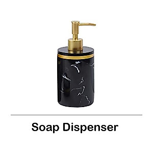 5-Piece Bathroom Counter Top Accessory Set - Dispenser for Liquid Soap or Lotion, Soap Dish, 2 Tumblers and Toothbrush Holder, Marble Pattern Resin (Classic Black)