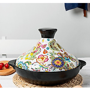 GFHVDC Moroccan Tagine, Enameled Cast Iron Cooking Pot, Flower Pattern Moroccan Tagine Pot Enameled Cast Iron Casserole Non Stick Saucepan Exotic Stew Pot with Lid