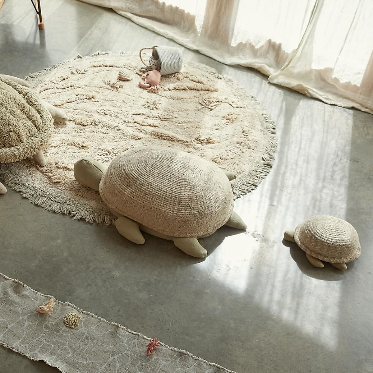 Lorena Canals Basket for Kids Baby Turtle. Olive Ivory Natural Size: 4" x 10" x 9"