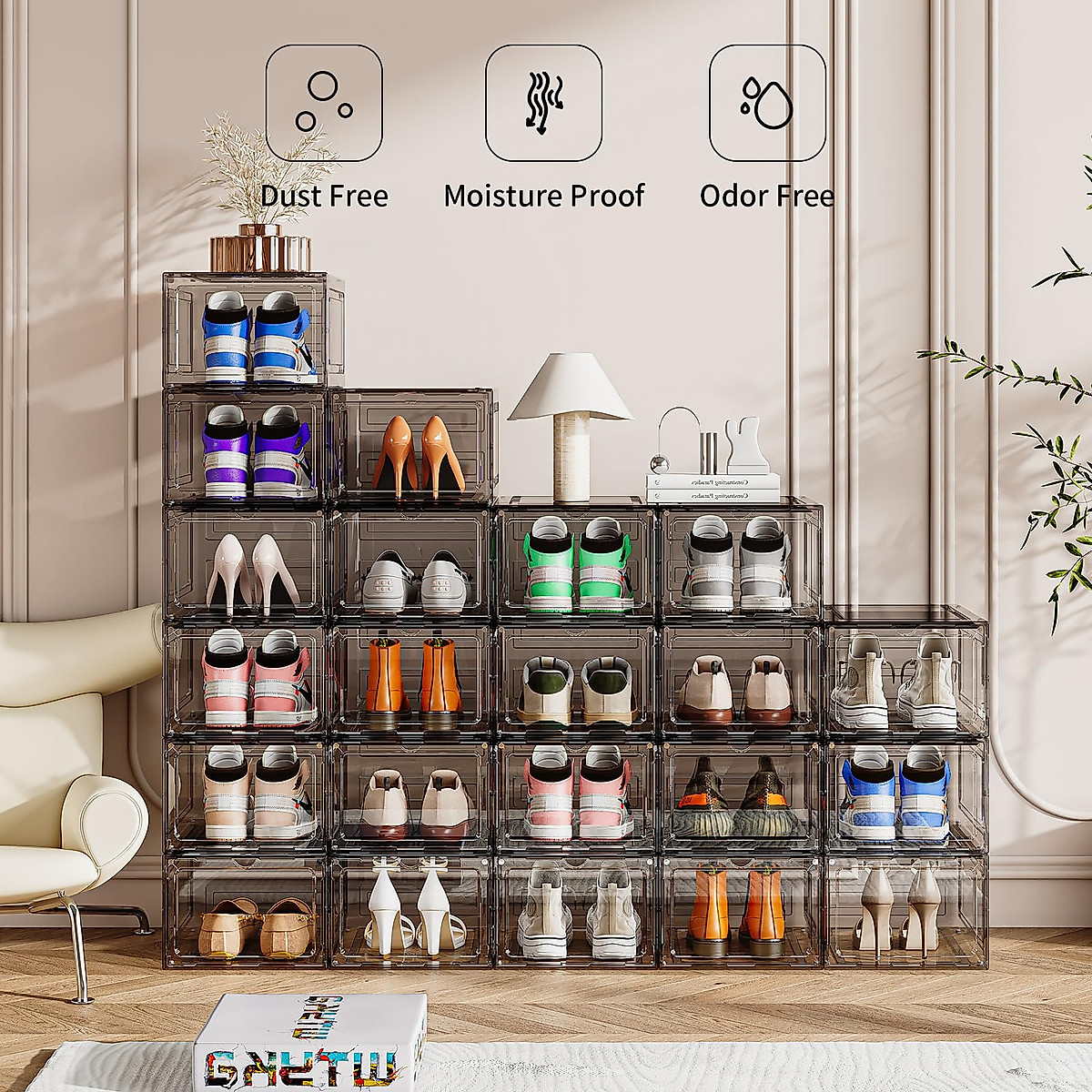 Upgraded Thickened Sturdy Large Shoe Boxes Clear Plastic Stackable 8 Pack Shoe Storage Organizer for Closet/Entryway, Drop front Shoe Box with Magnetic Door, Shoe Display Case, Fit up to US size 14