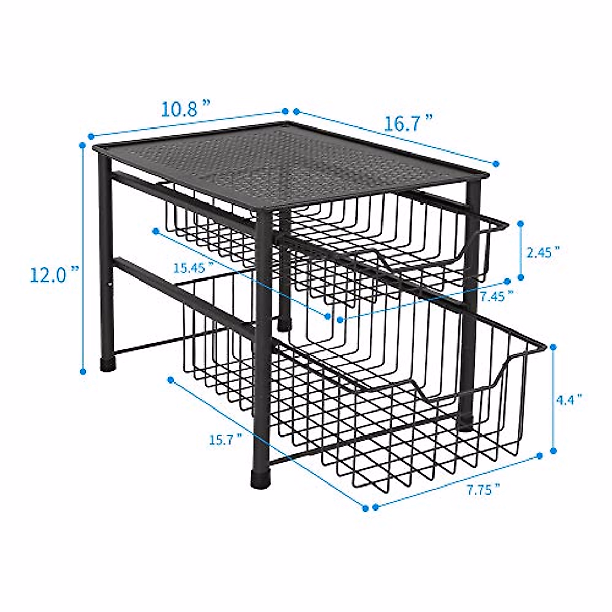 MAX Houser 2-Tier Stackable Organizer Baskets with Metal Sliding Drawers for Pantry, Under the Sink, Desktop Organizer for Bathroom,Kitchen, Office (Charcoal Grey)