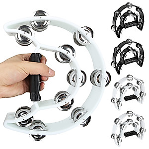 4 Pack Half Moon Hand Held Tambourine 10" Double Row Metal Jingles Tambourines for Adults Church, Plastic Musical Instrument Percussion handheld tambourine for Church, Ktv Party, (Black, White）