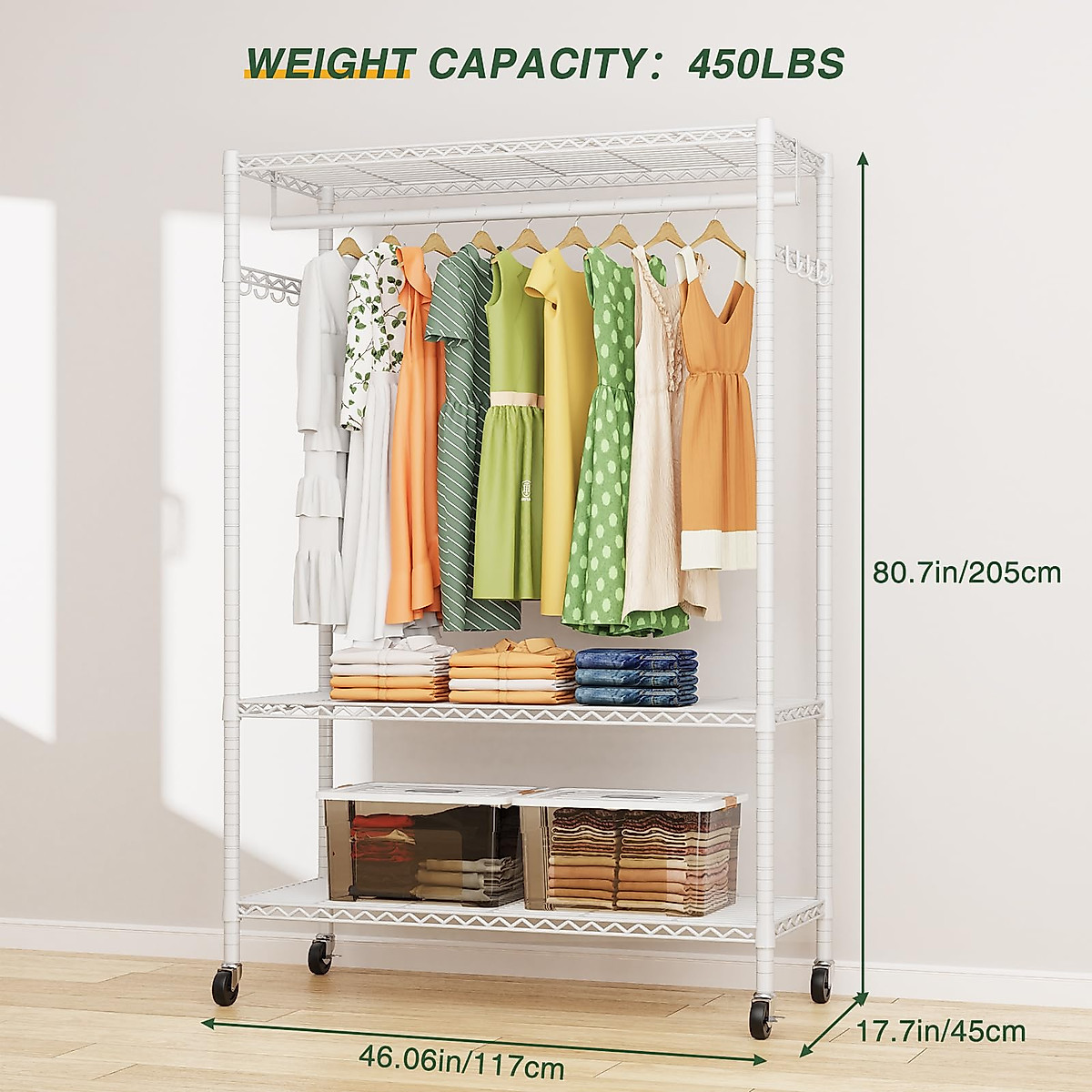 LEHOM G1L 3 Tiers Garment Rack with Storage Shelves, Heavy Duty Rolling Free-Standing Clothing Rack Closet Organizer with Double Rods/Lockable Wheels & 2 Side Hooks, Max Load 450 LBS, White